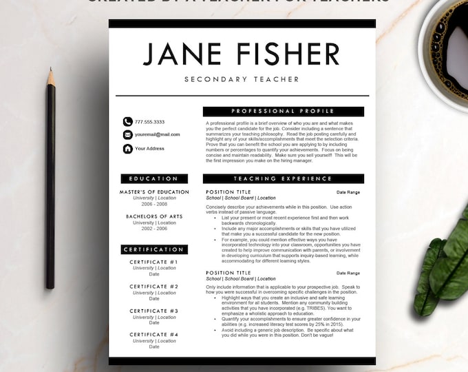 Teacher Resume Template for Word & Pages (1, 2 and 3 Page CV Template ...
