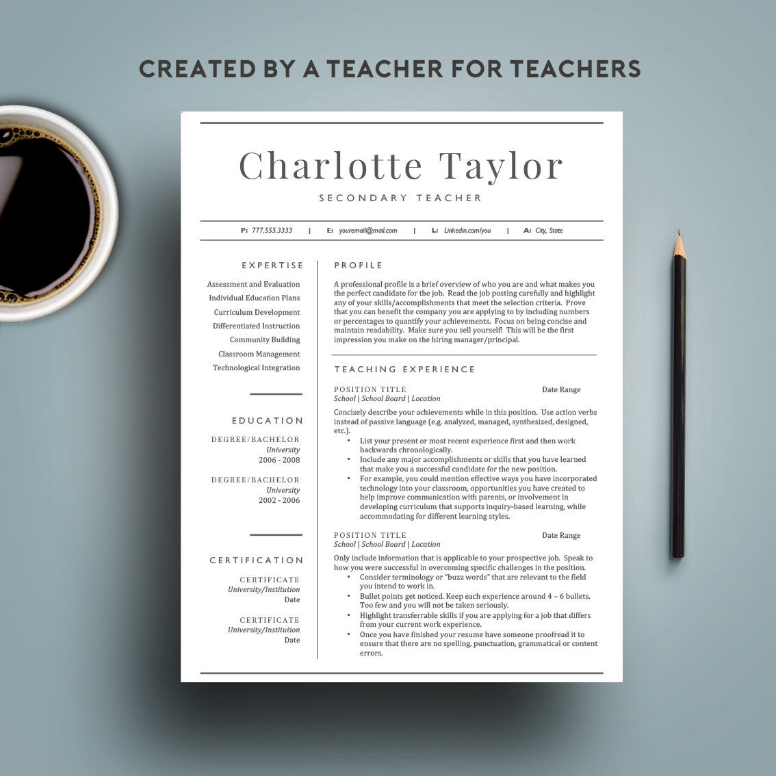 2 Page Teacher Resume Template for Word (includes Cover Letter ...