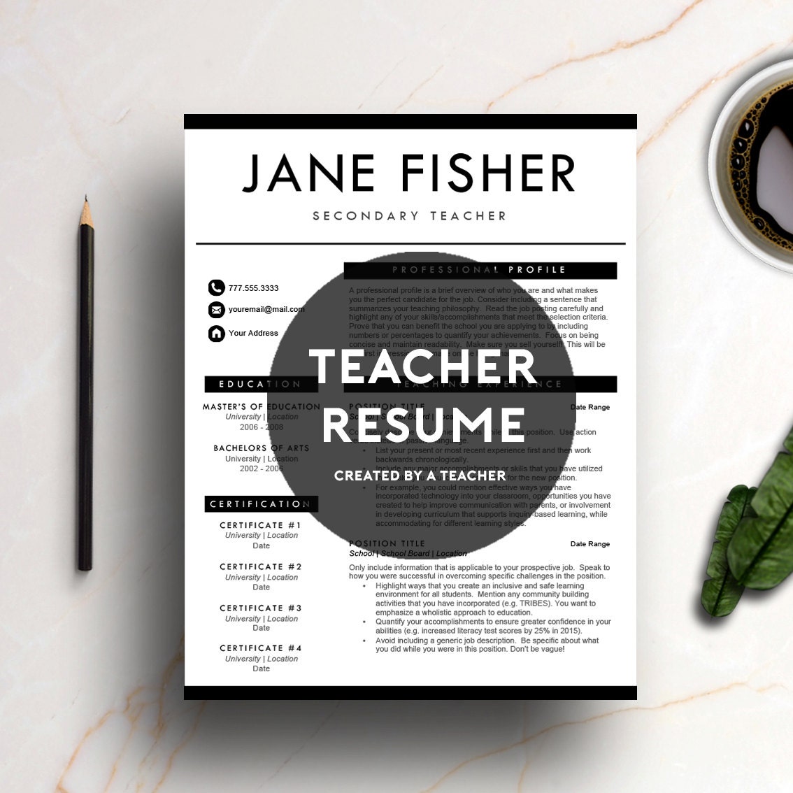 Teacher Resume Template | CV Template MS Word | Professional Resume ...