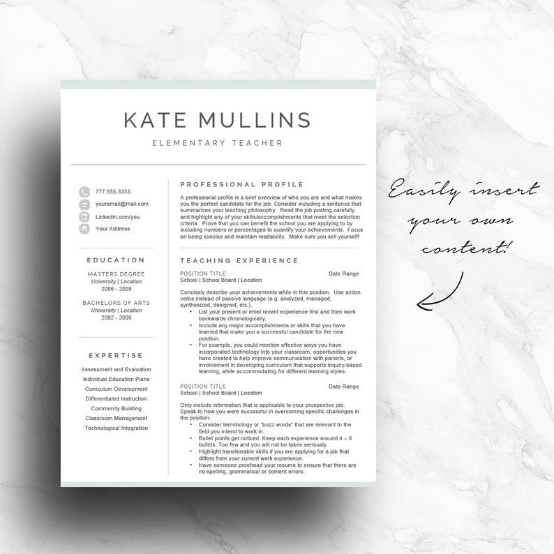 Teacher Resume Template for Word & Pages (1, 2 and 3 Page CV Template ...