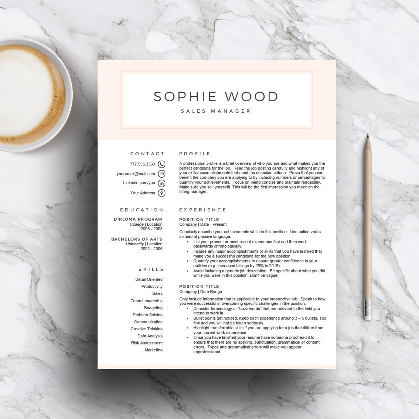 Pink Resume Template for Word & Pages | Creative CV Template (1 and 2 ...