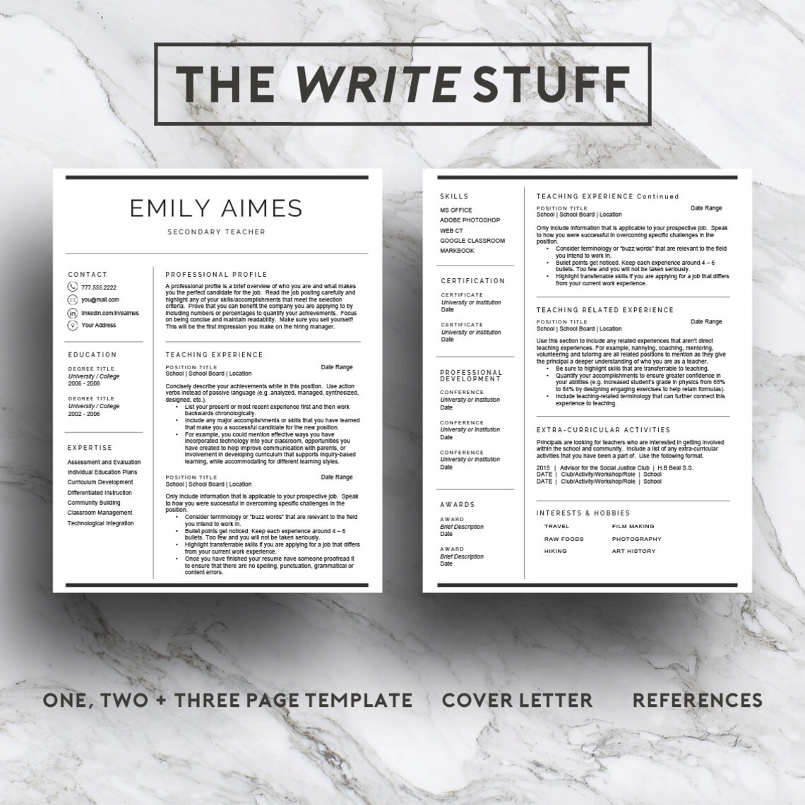 Teacher Resume Template for Word & Pages (1, 2 and 3 Page Resume ...