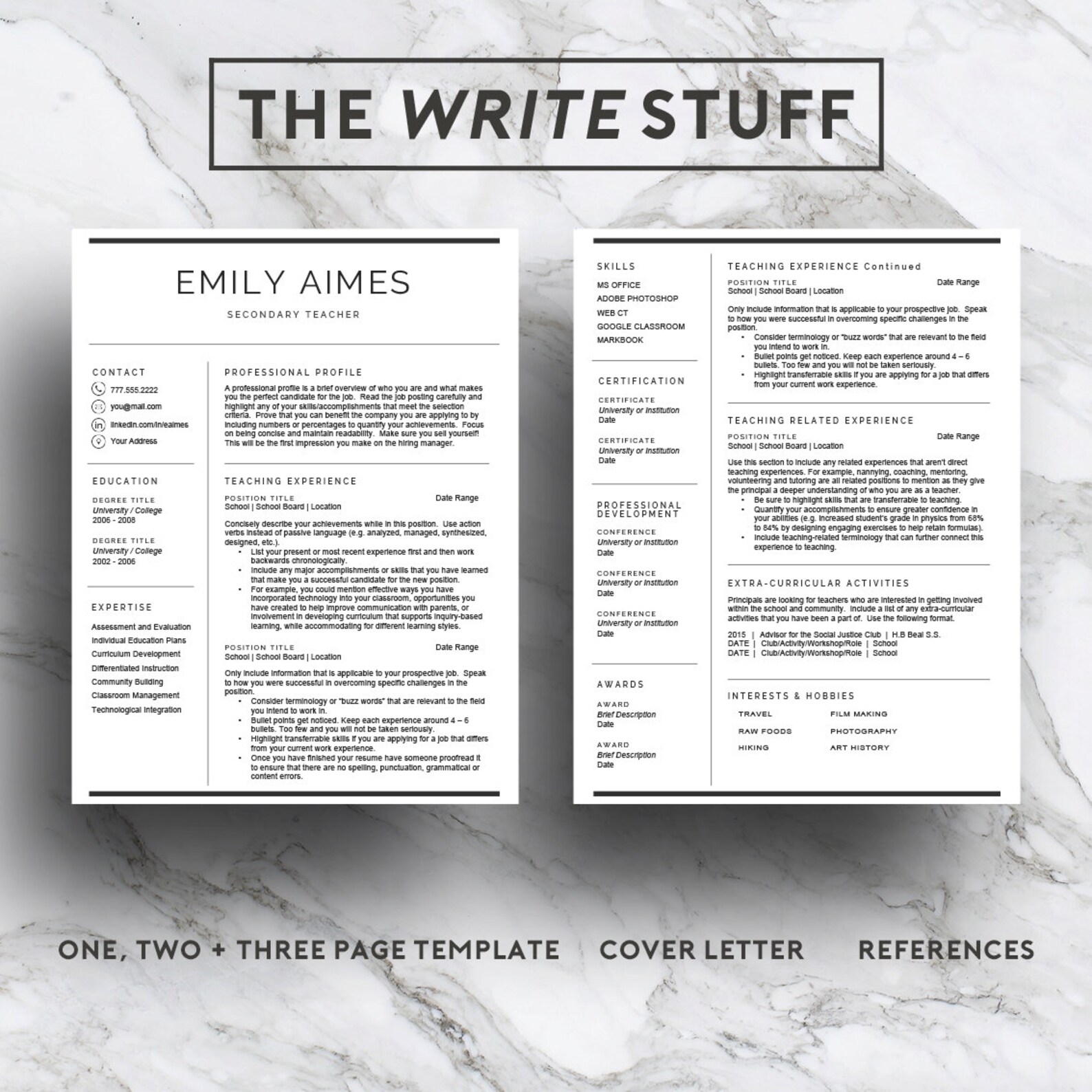 Teacher Resume Template for Word & Pages (1, 2 and 3 Page Resume ...