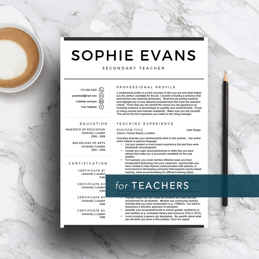Teacher Resume Template for Word | Professional Resume Design With ...