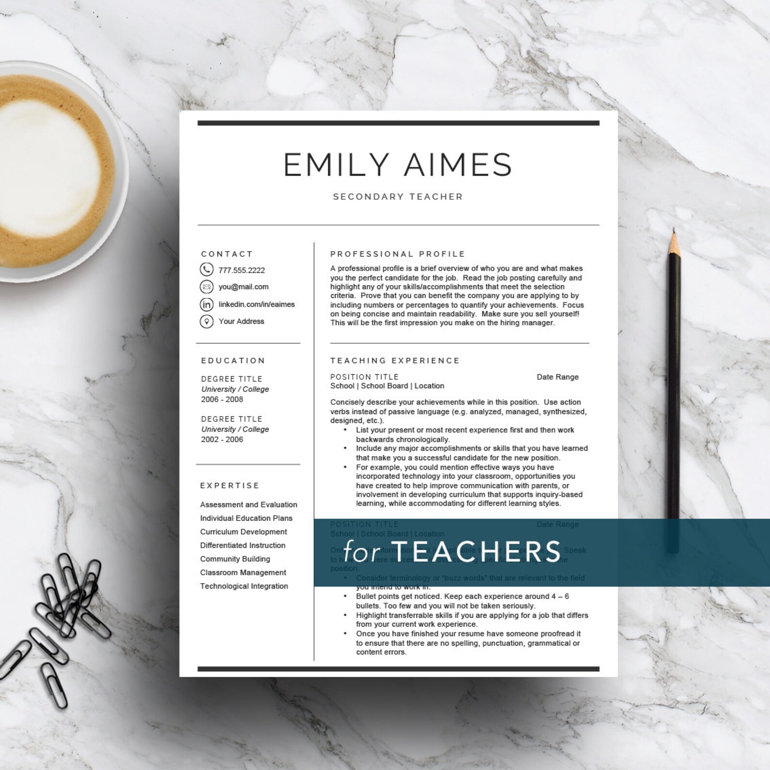 Teacher Resume Template for Word & Pages (1, 2 and 3 Page Resume ...