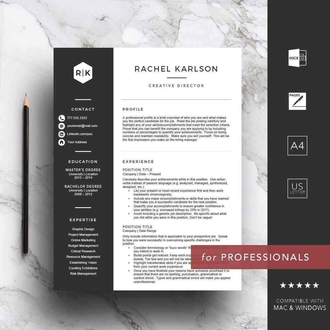 Professional Resume Template for Word & Pages | CV Template | 1, 2, 3 ...