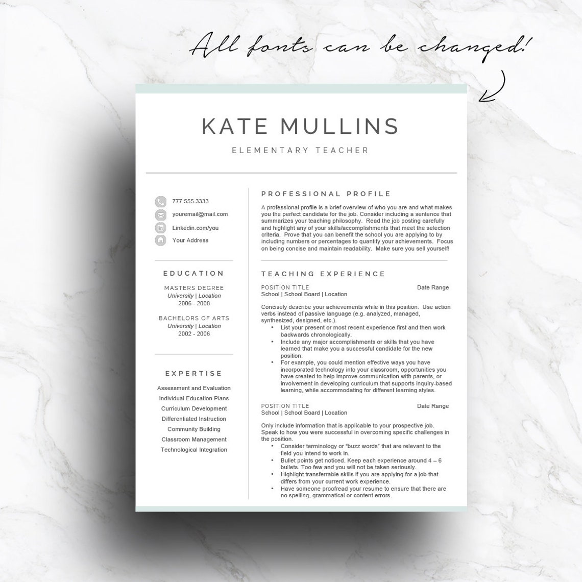 Teacher Resume Template for Word & Pages (1, 2 and 3 Page CV Template ...