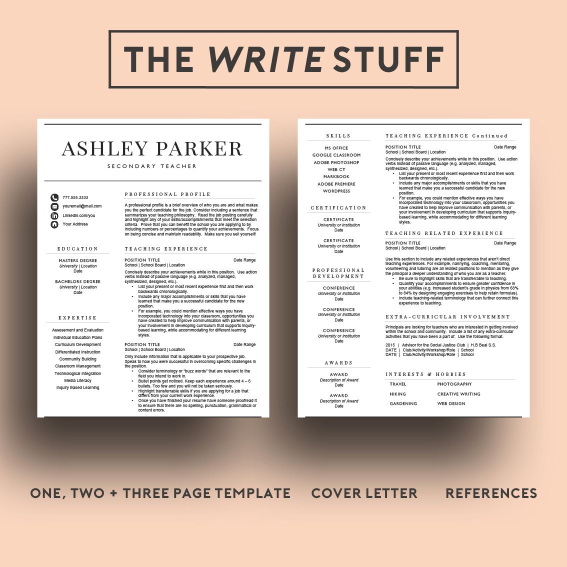 Teacher Resume Template for Word & Pages (1, 2 and 3 Page Resume ...