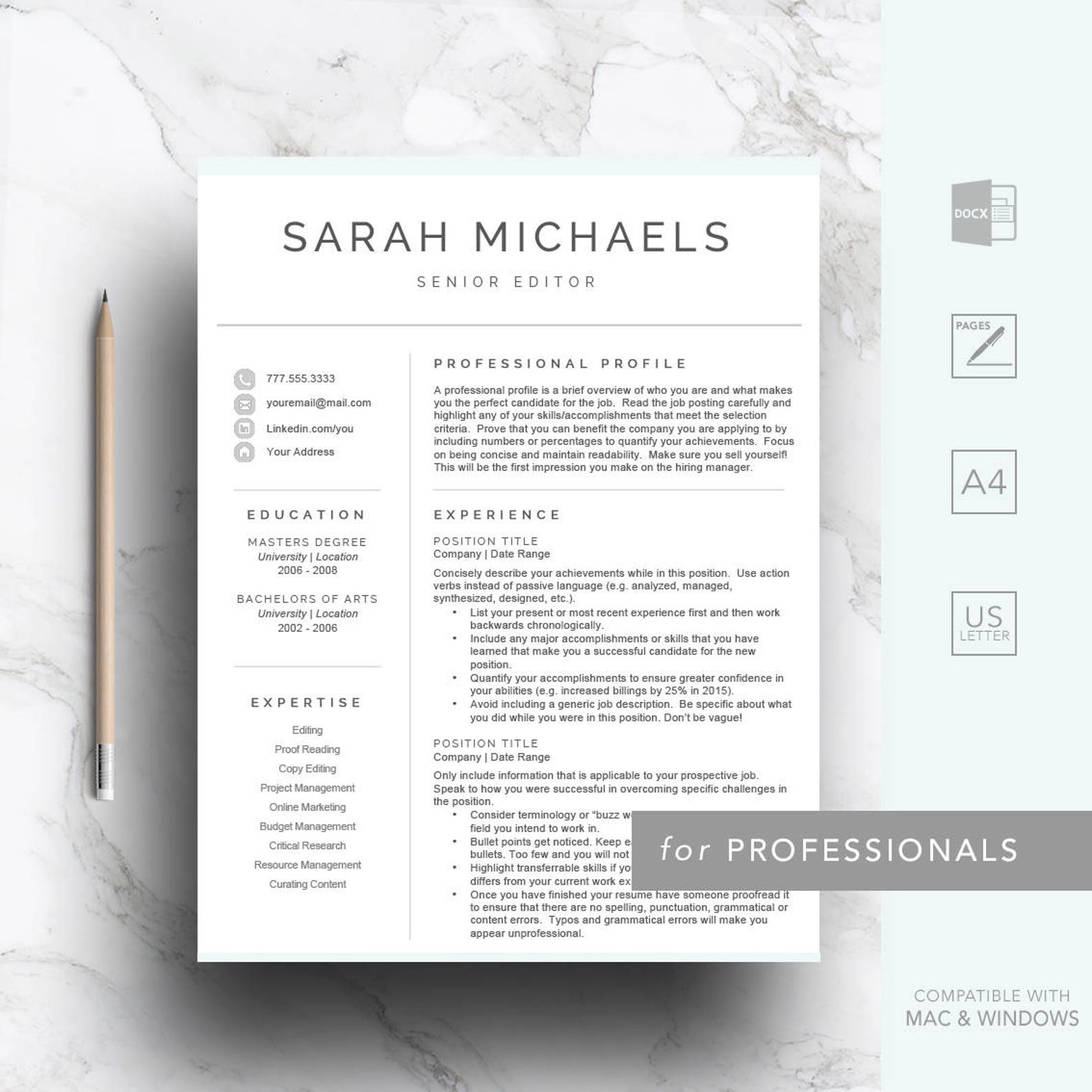 Professional Resume Template for Word & Pages | CV Template | 1, 2, 3 ...