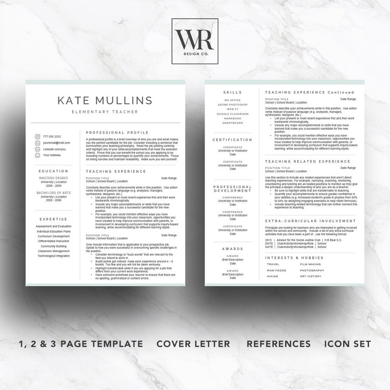 Teacher Resume Template for Word & Pages (1, 2 and 3 Page CV Template ...