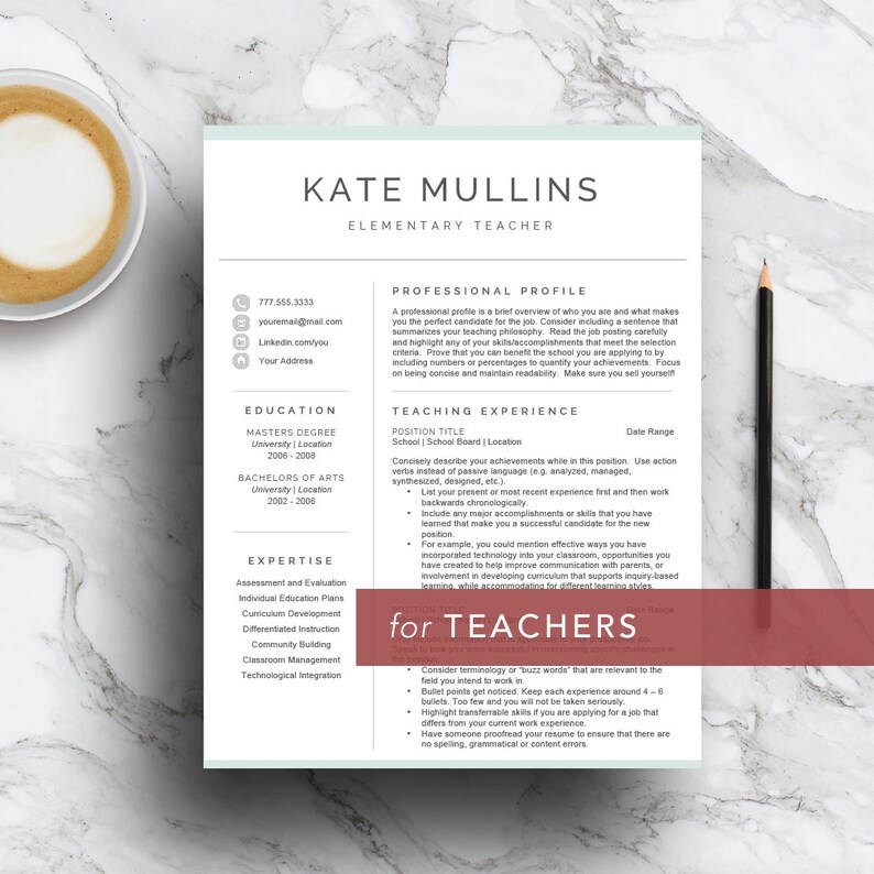 Teacher Resume Template for Word & Pages (1, 2 and 3 Page CV Template ...
