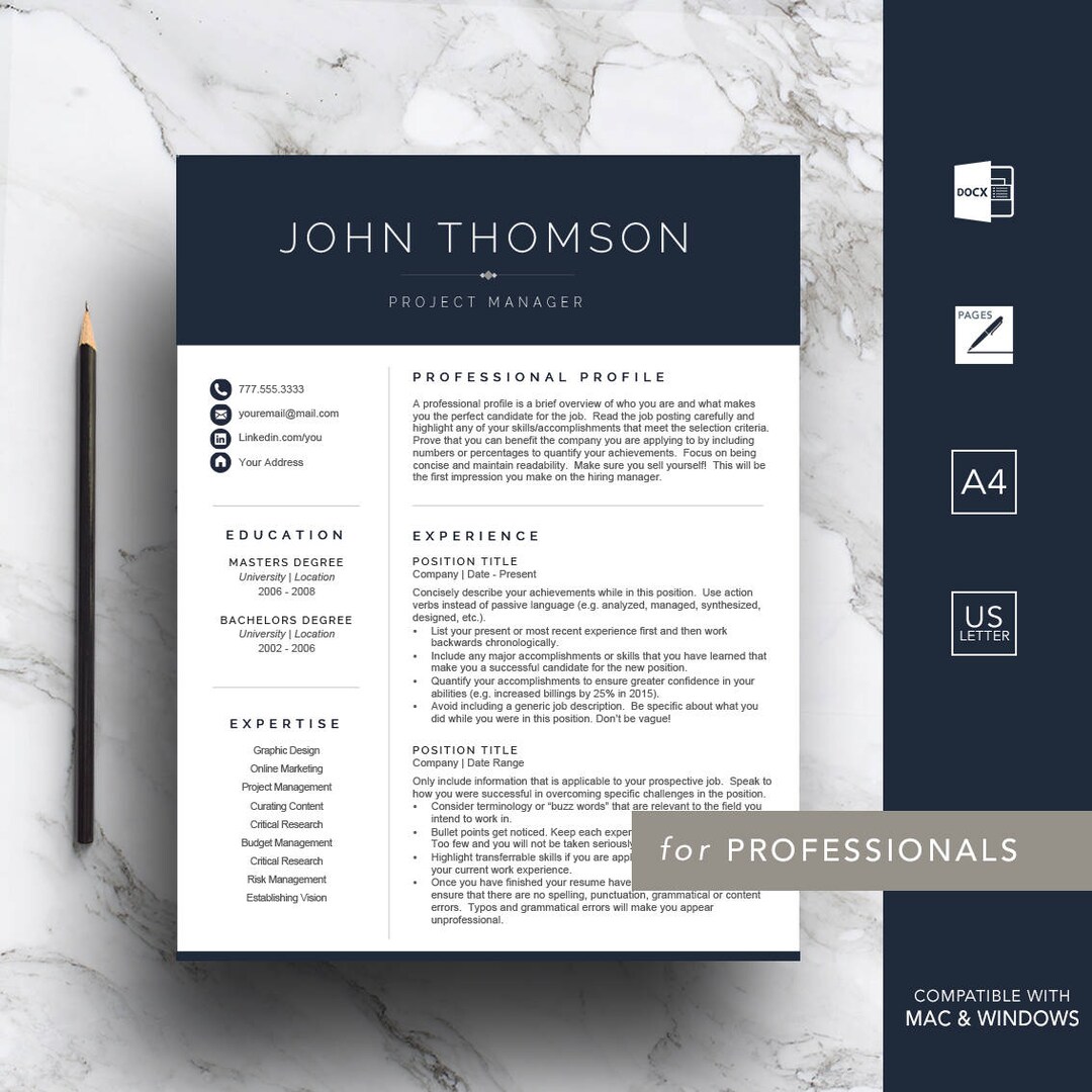 Navy Blue Resume Template for Word & Pages (instant Download) - Etsy ...