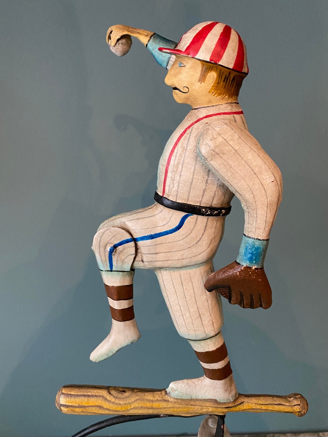 Vintage Baseball Pitcher Carved Wood 20" on Stand - Etsy