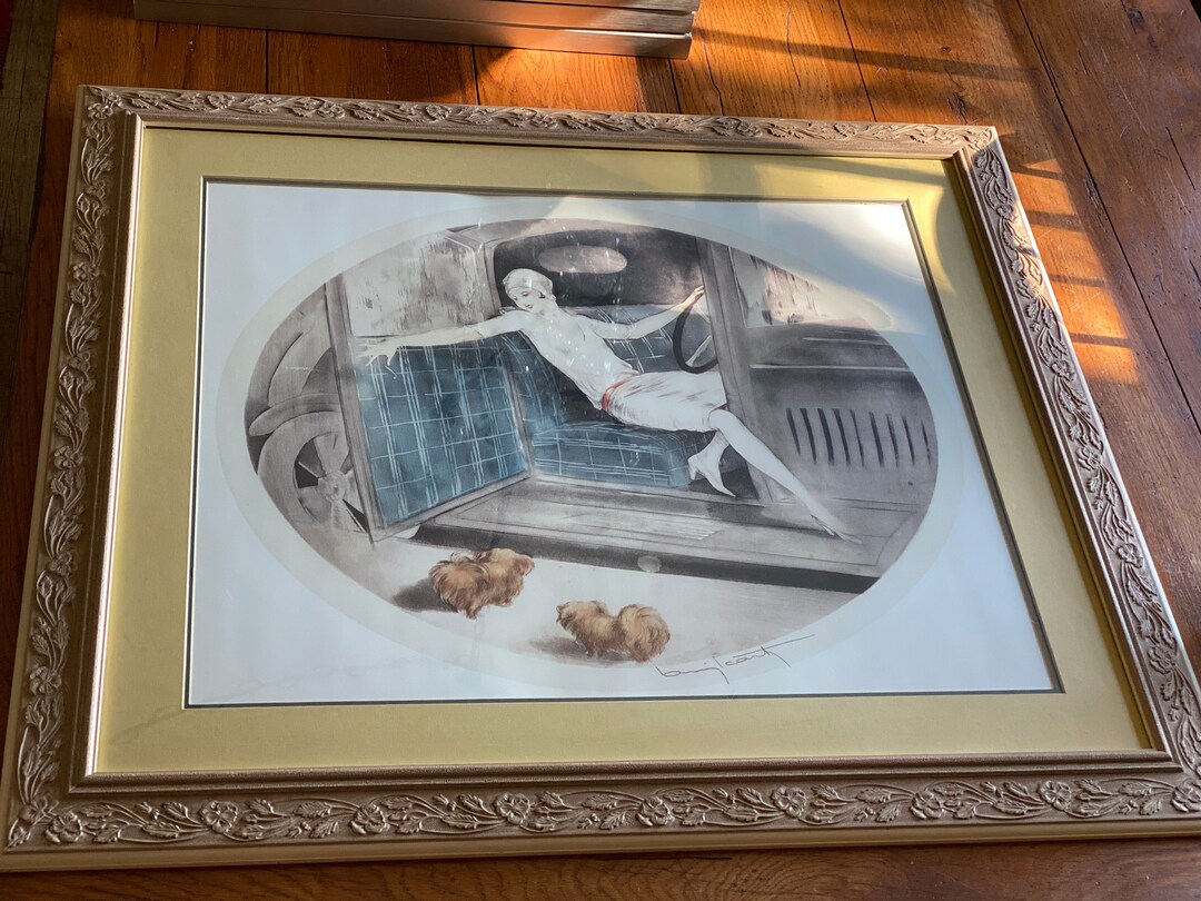 Vintage Louis Icart Framed Signed Print Woman in Car With Dogs Large 28 ...
