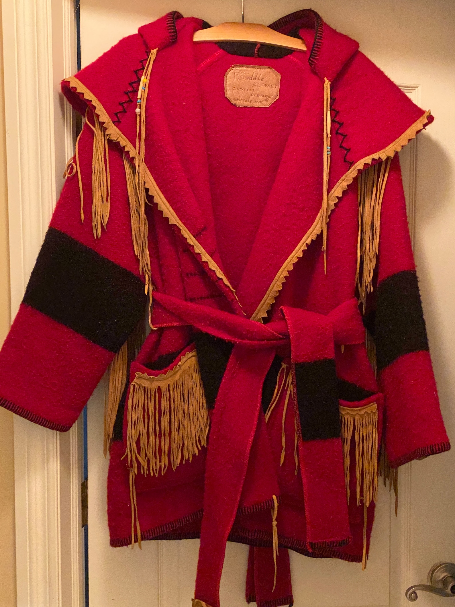 Vintage Wool Beaded Capote Hooded Coat Red Black Hooded Blanket Western ...