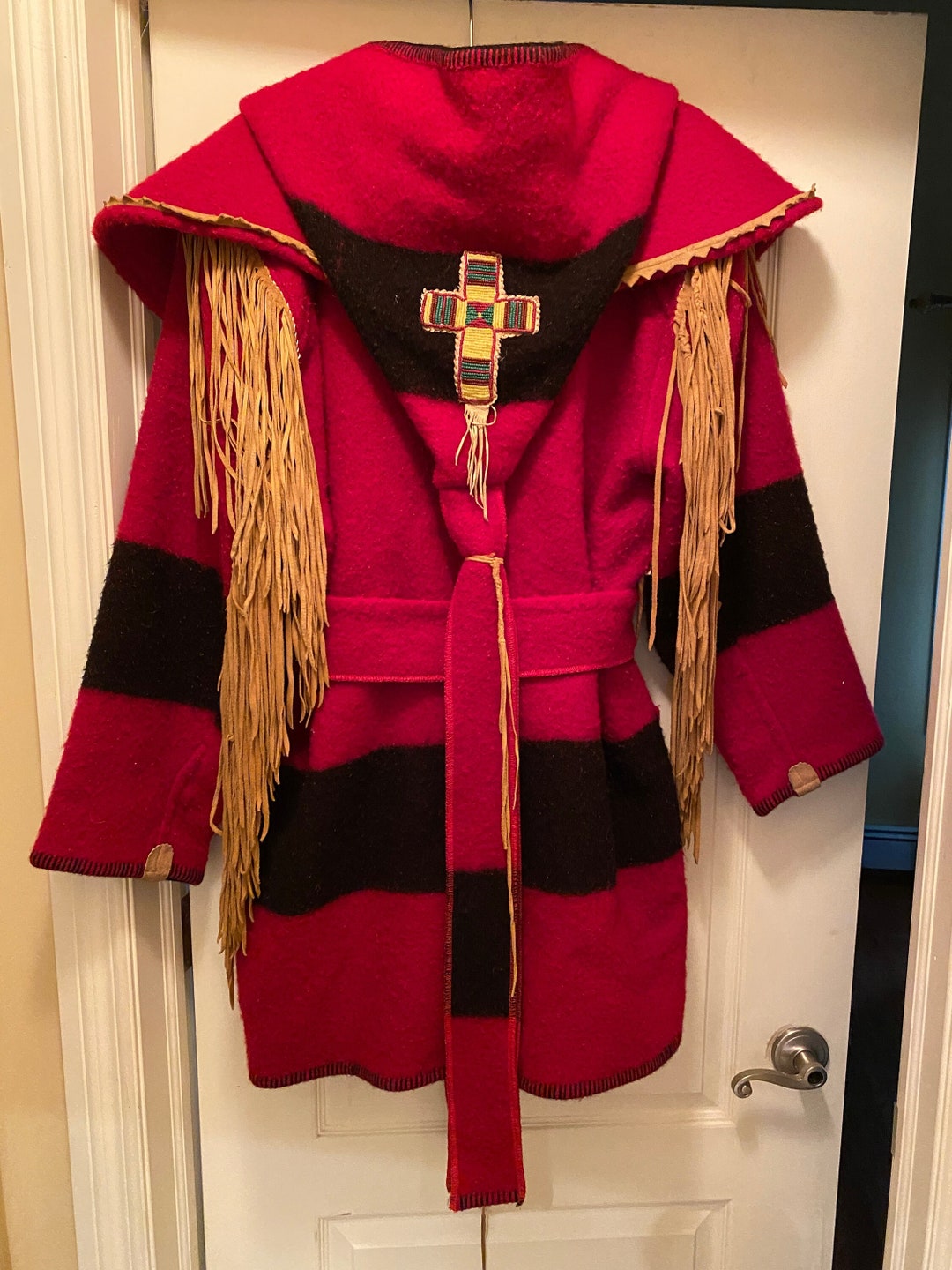 Vintage Wool Beaded Capote Hooded Coat Red Black Hooded Blanket Western ...