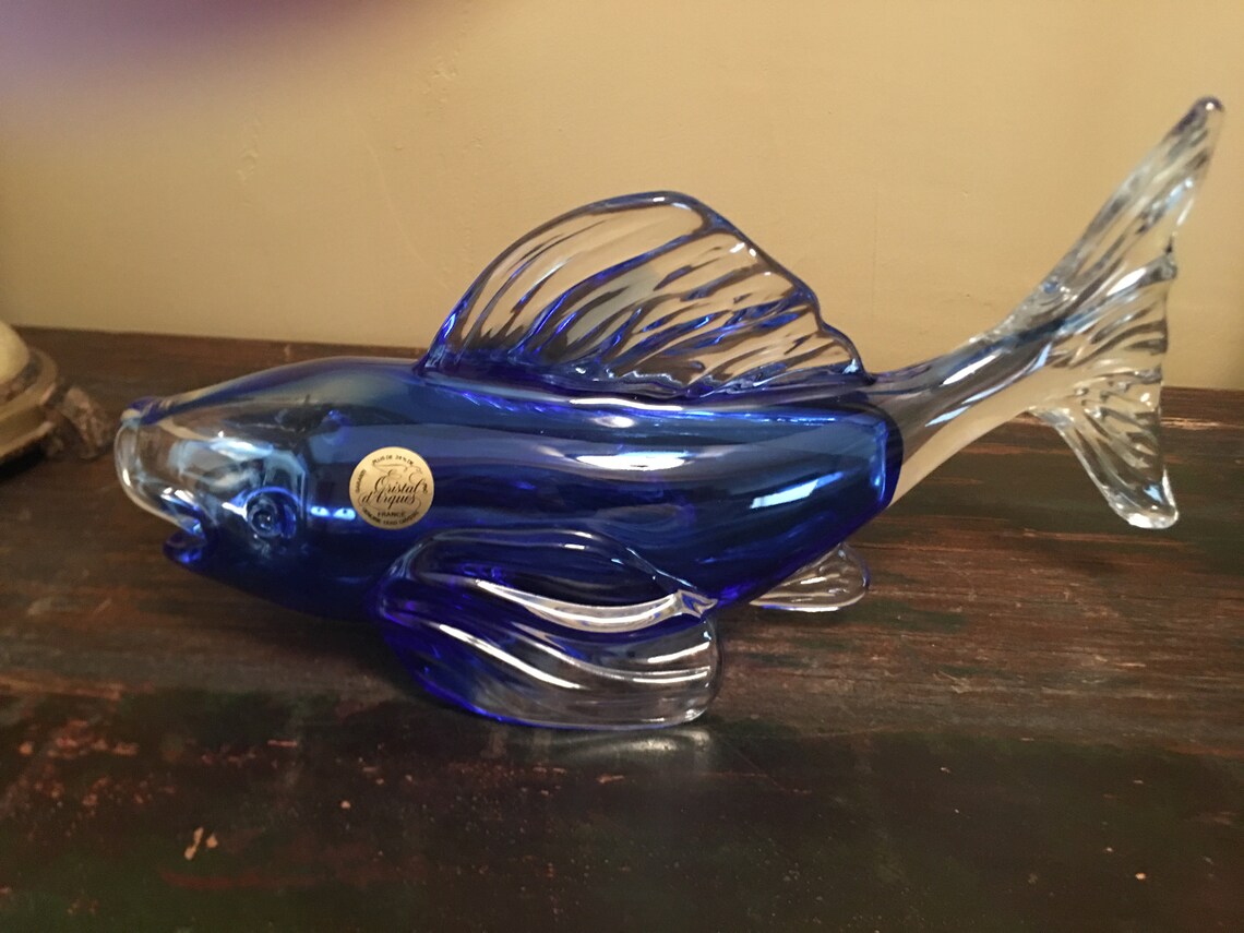 Crystal Blue Glass Koi Fish France Cristal Darques 11 - Etsy