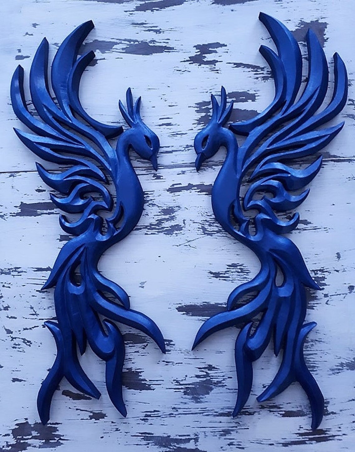 Two Blue Phoenixes Phoenix Mirror Image Phoenix Carving - Etsy