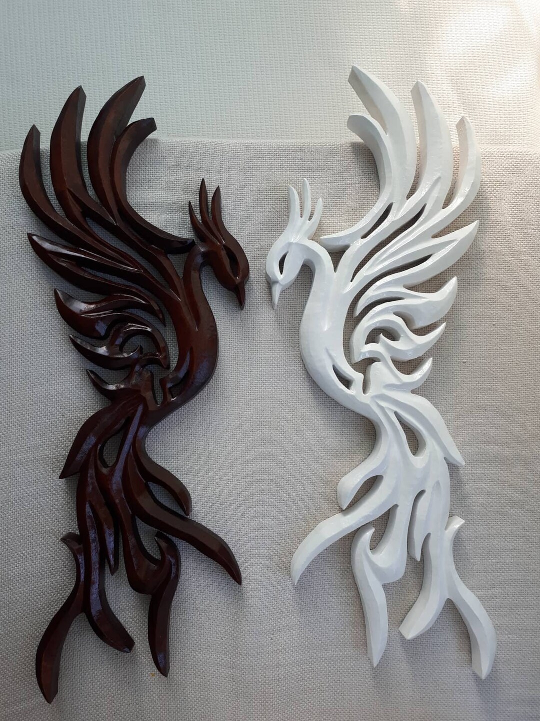 Two Phoenixes White and Brown Color, Phoenixes Carving Wall, Phoenix ...
