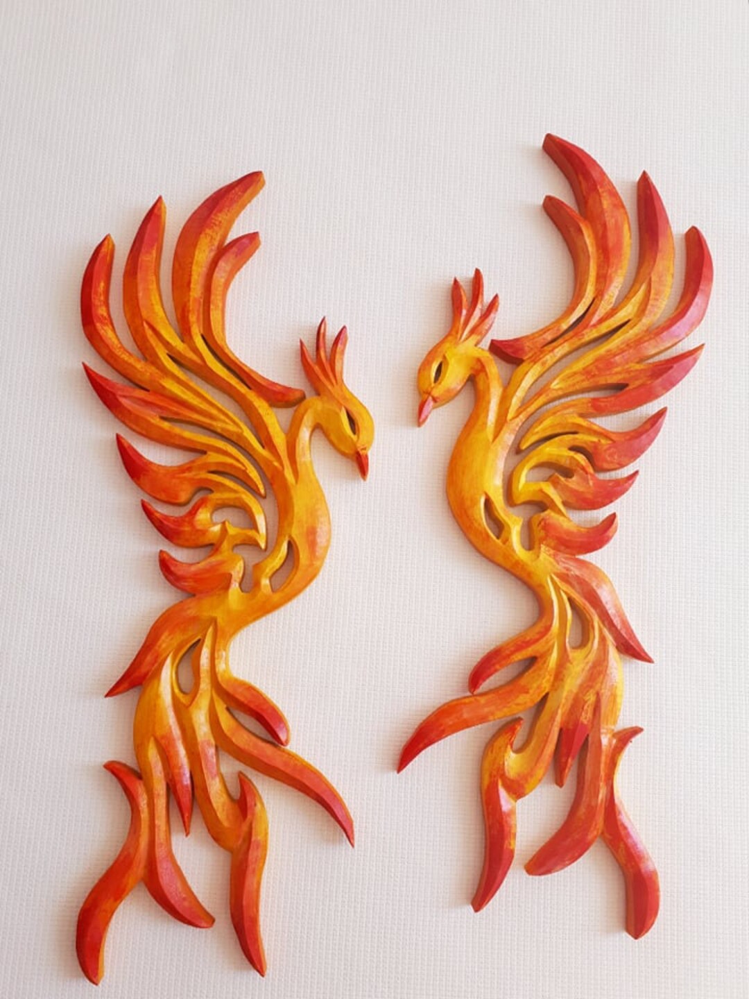Mirrored Phoenix Wood Carving Wall Art - Mythical Flame Decor, Set of 2 ...