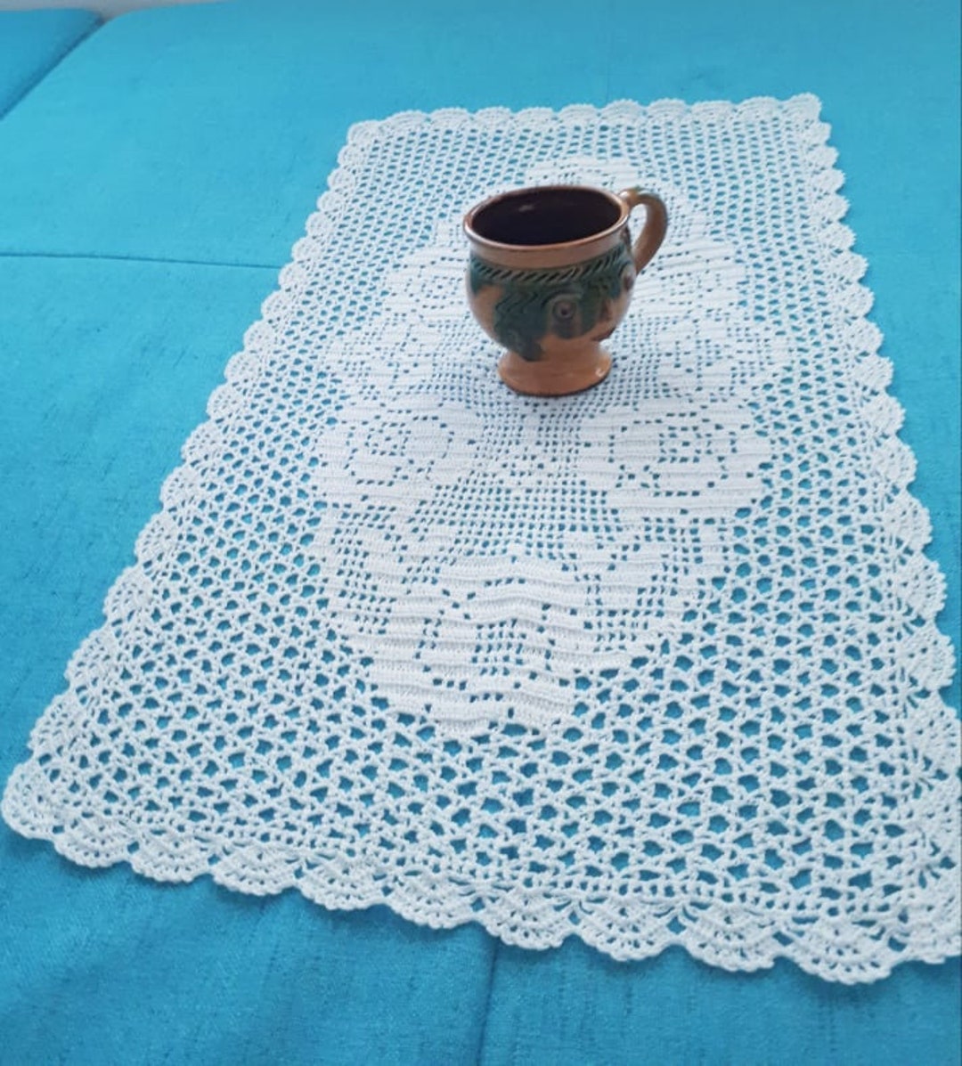 Vintage Crocheted Doily With Roses, Rectangular Doily, Table Doily ...