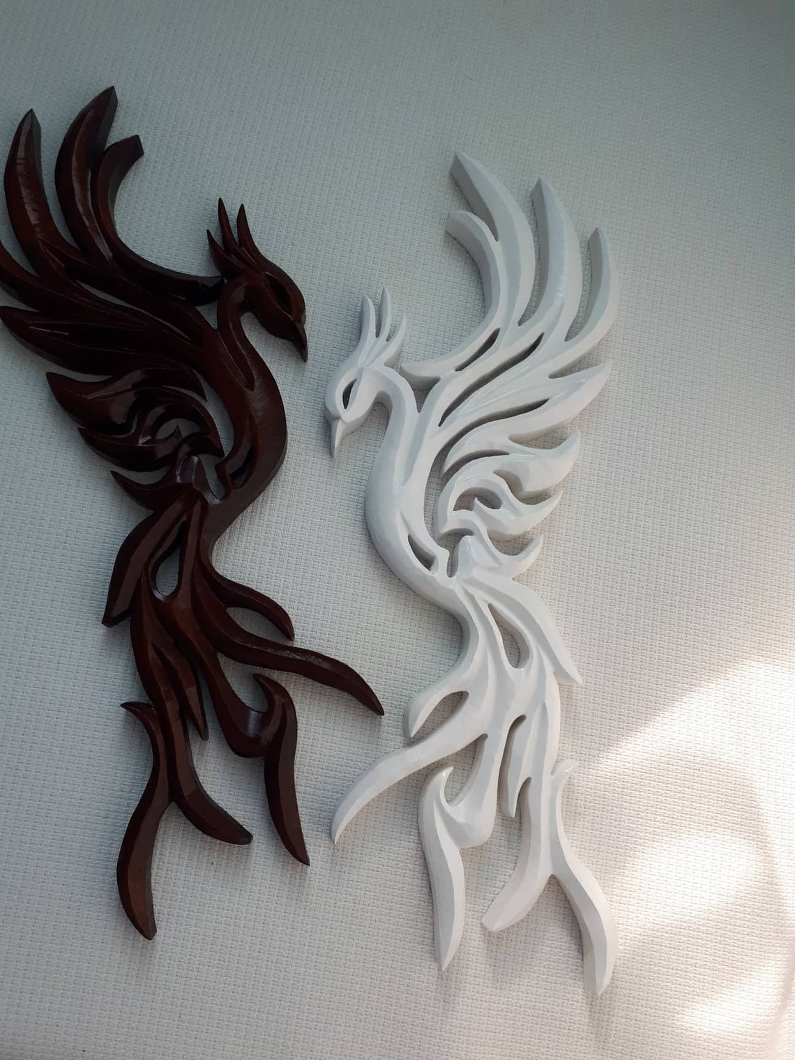 Handmade Wooden Phoenix Wall Carving: Brown & White Mirror Image - Etsy