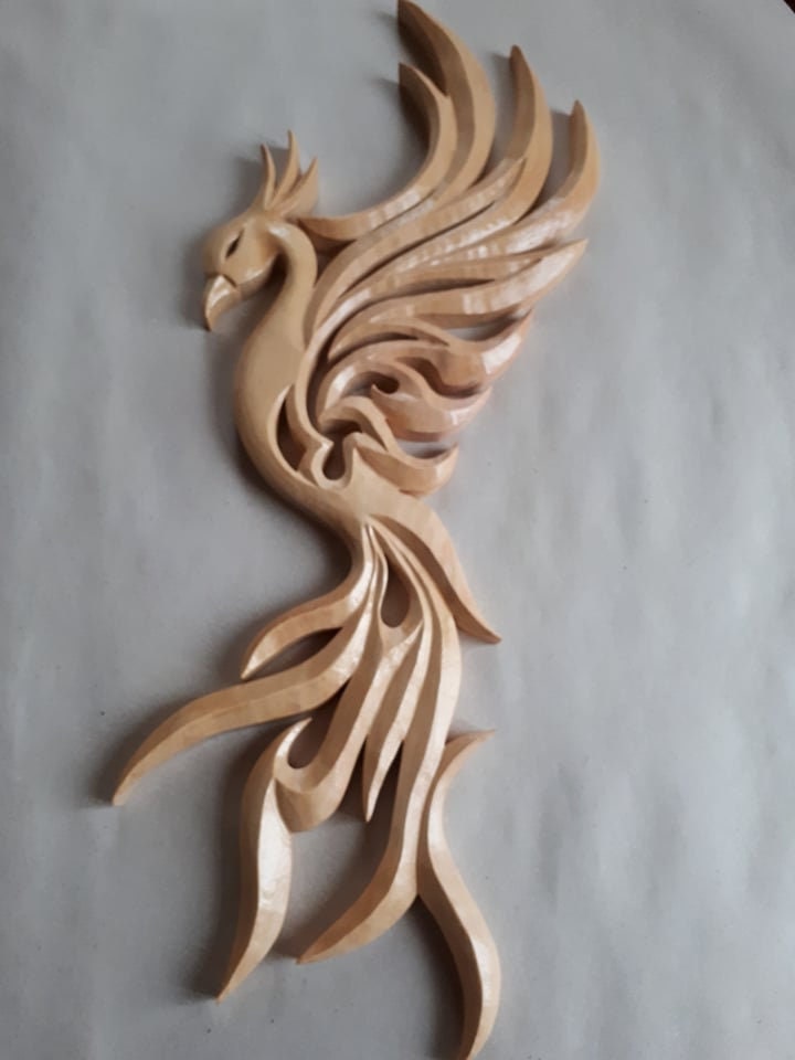 Handmade Wooden Phoenix Carving Wall Art - Natural Linden Wood (15 Inch ...