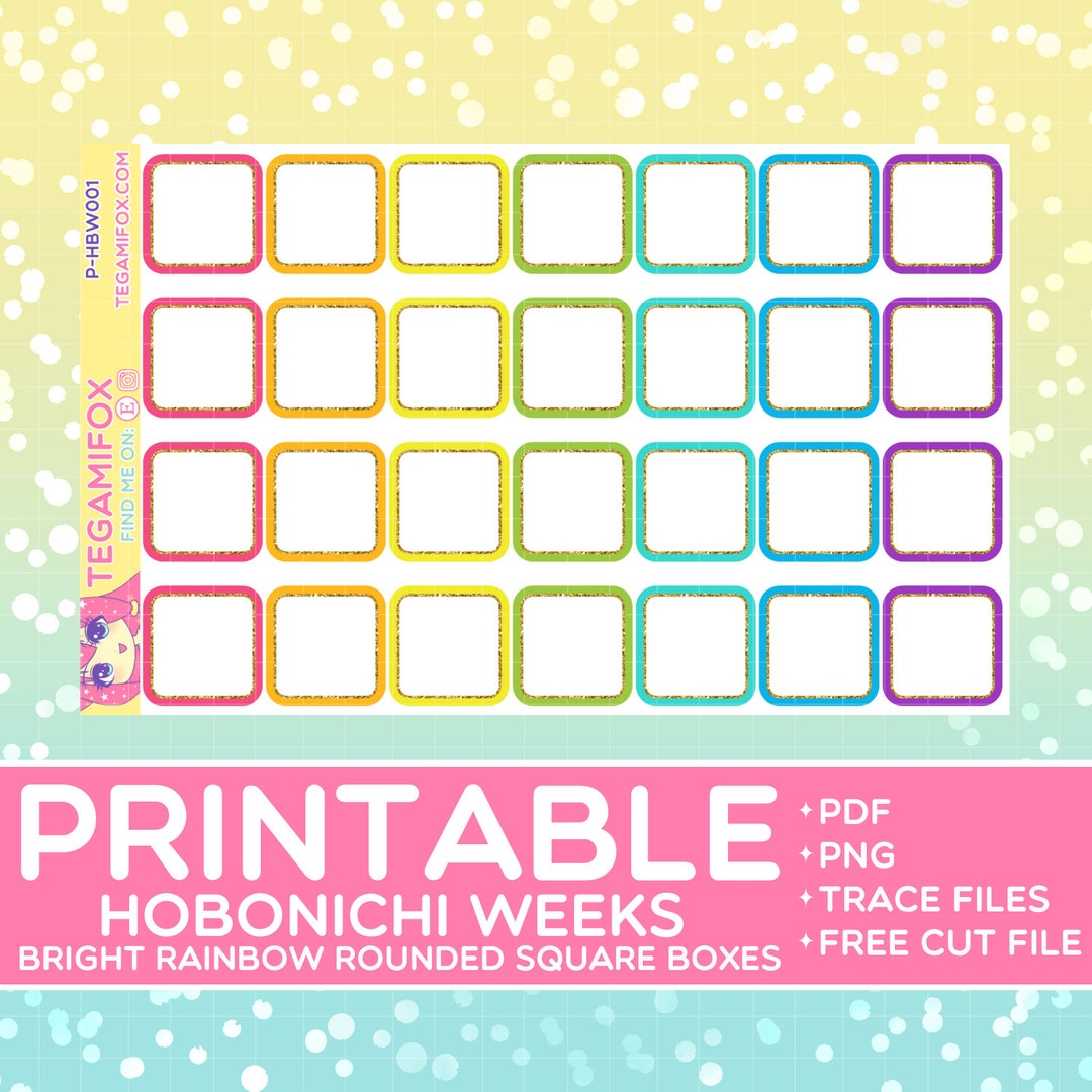 PRINTABLE Bright Rainbow Rounded Square Box Stickers for Hobonichi ...