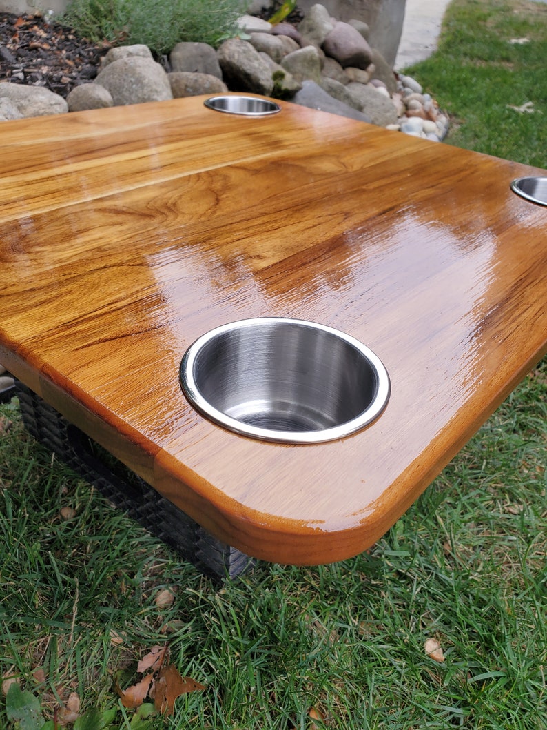 Teak Boat Table | Yacht Cockpit Table With Stainless Steel Cupholders ...