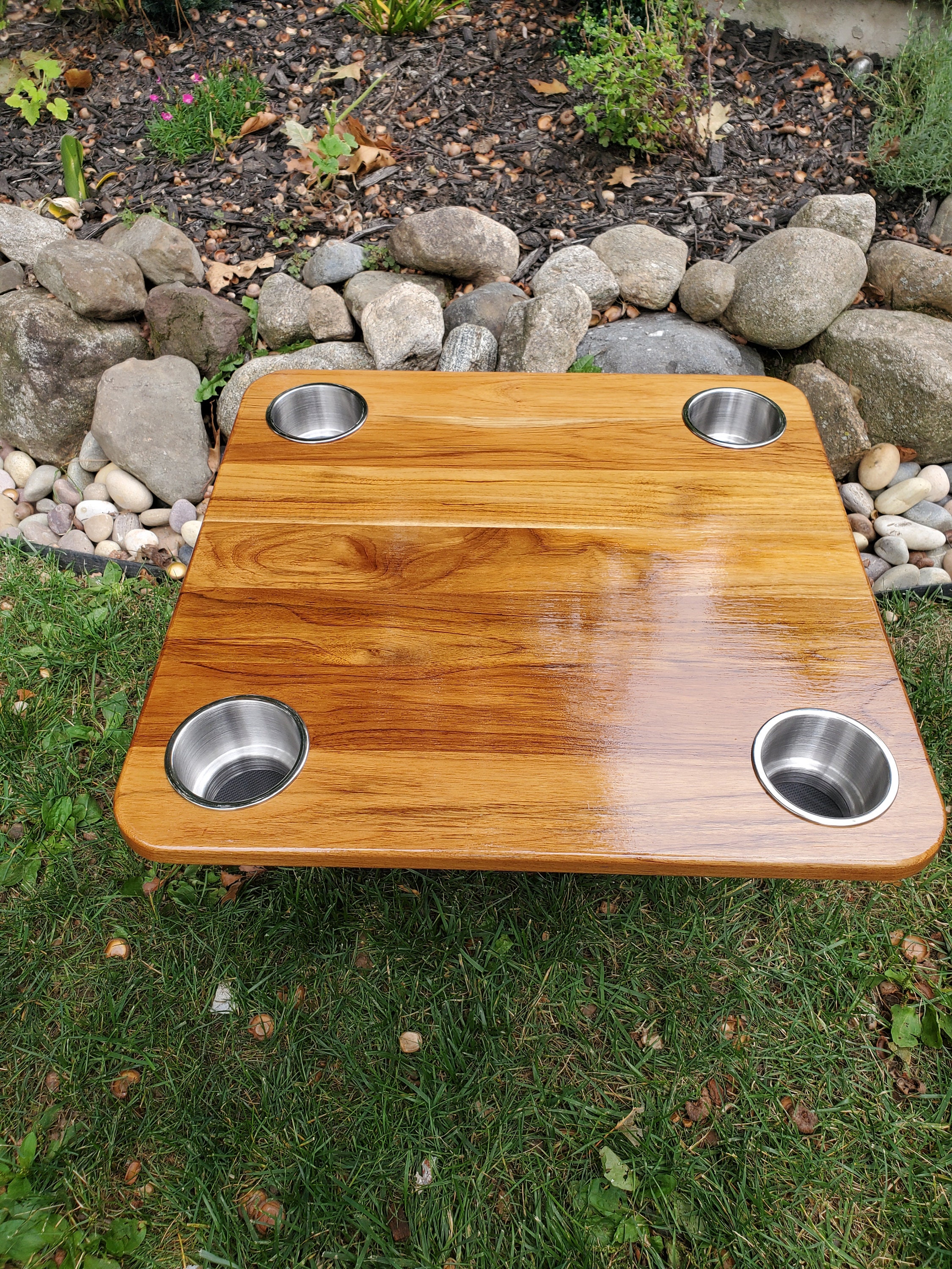Teak Boat Table | Yacht Cockpit Table With Stainless Steel Cupholders ...