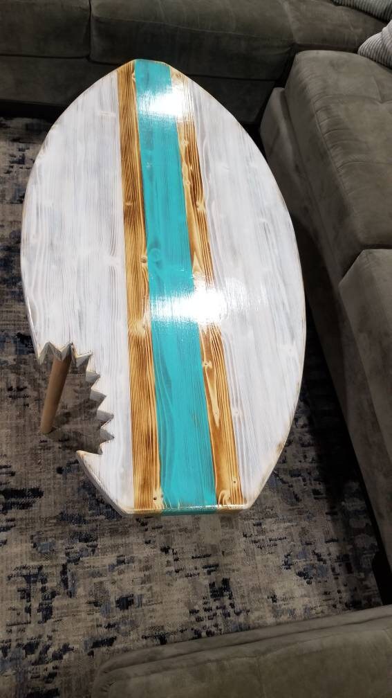 Surfboard Coffee Table With Shark Bite 4 Foot Surfer Beach | Etsy