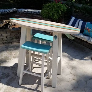Surfboard 4 Foot Table and 2 Chairs Stools Ocean Beach House Surfer ...