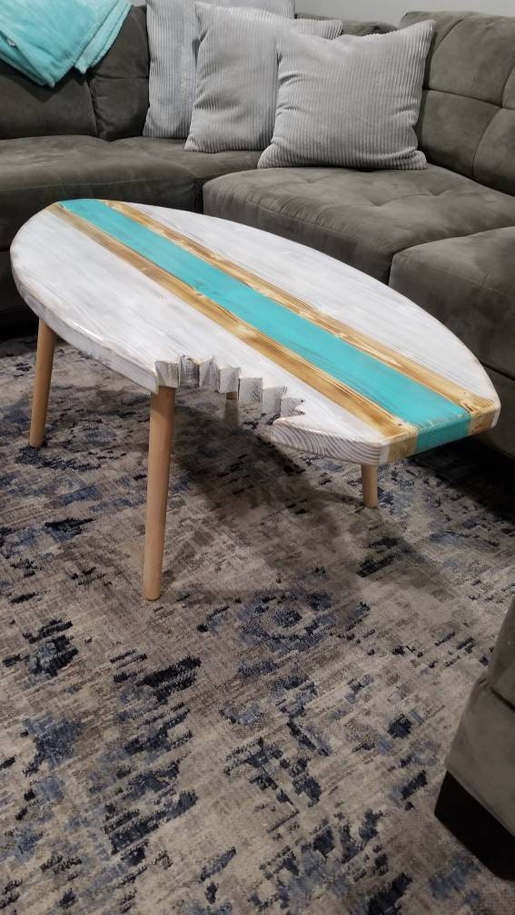 Surfboard Coffee Table With Shark Bite 4 Foot Surfer Beach | Etsy