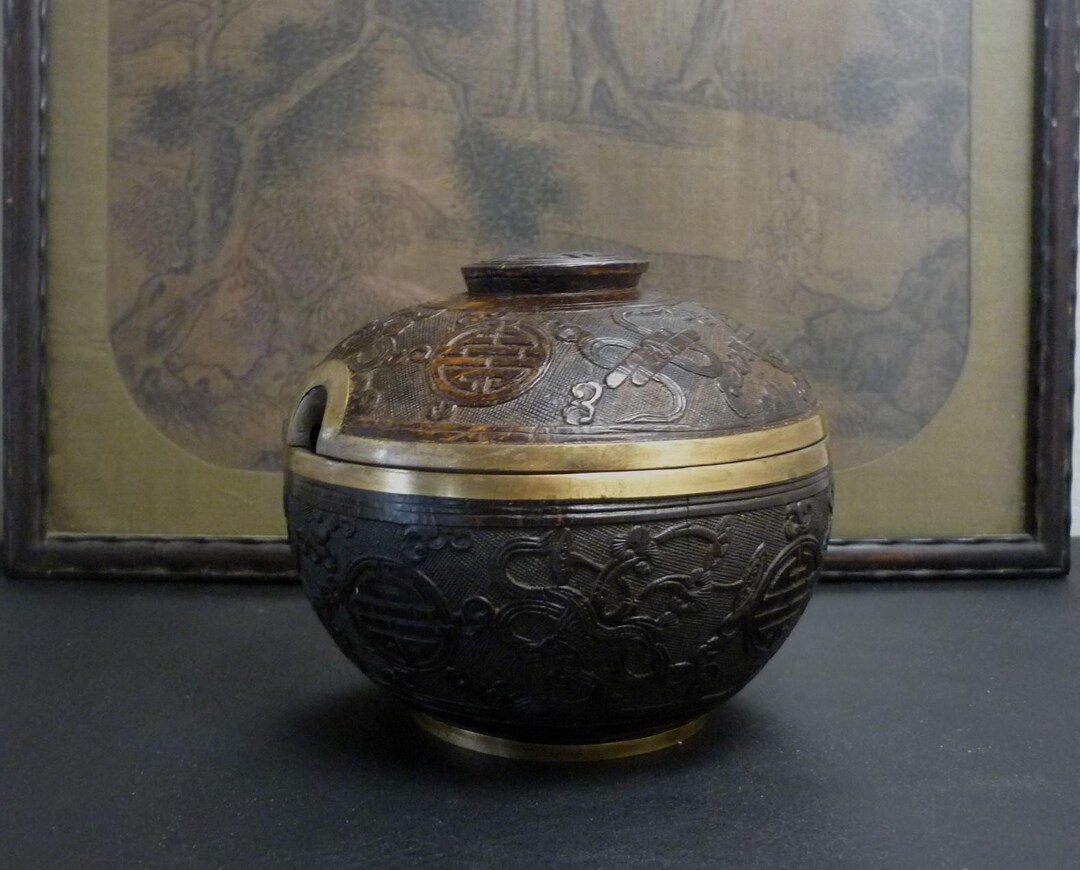 Antique Chinese Pewter and Carved Coconut Shell Cover Jar Storage Bowl ...