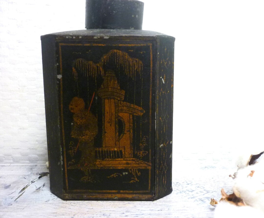 Antique TEA Tin Canister Chinoiserie Design Antique Tole Tea Canister ...