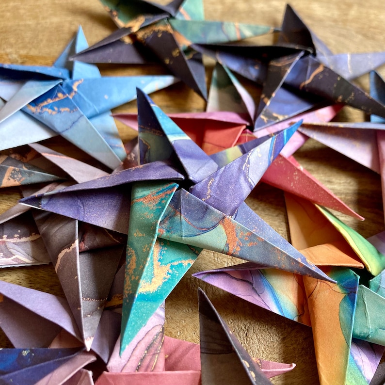 Marbled Blue, Pink and Gold Origami Stars ~ Set of 6 Handmade Paper ...