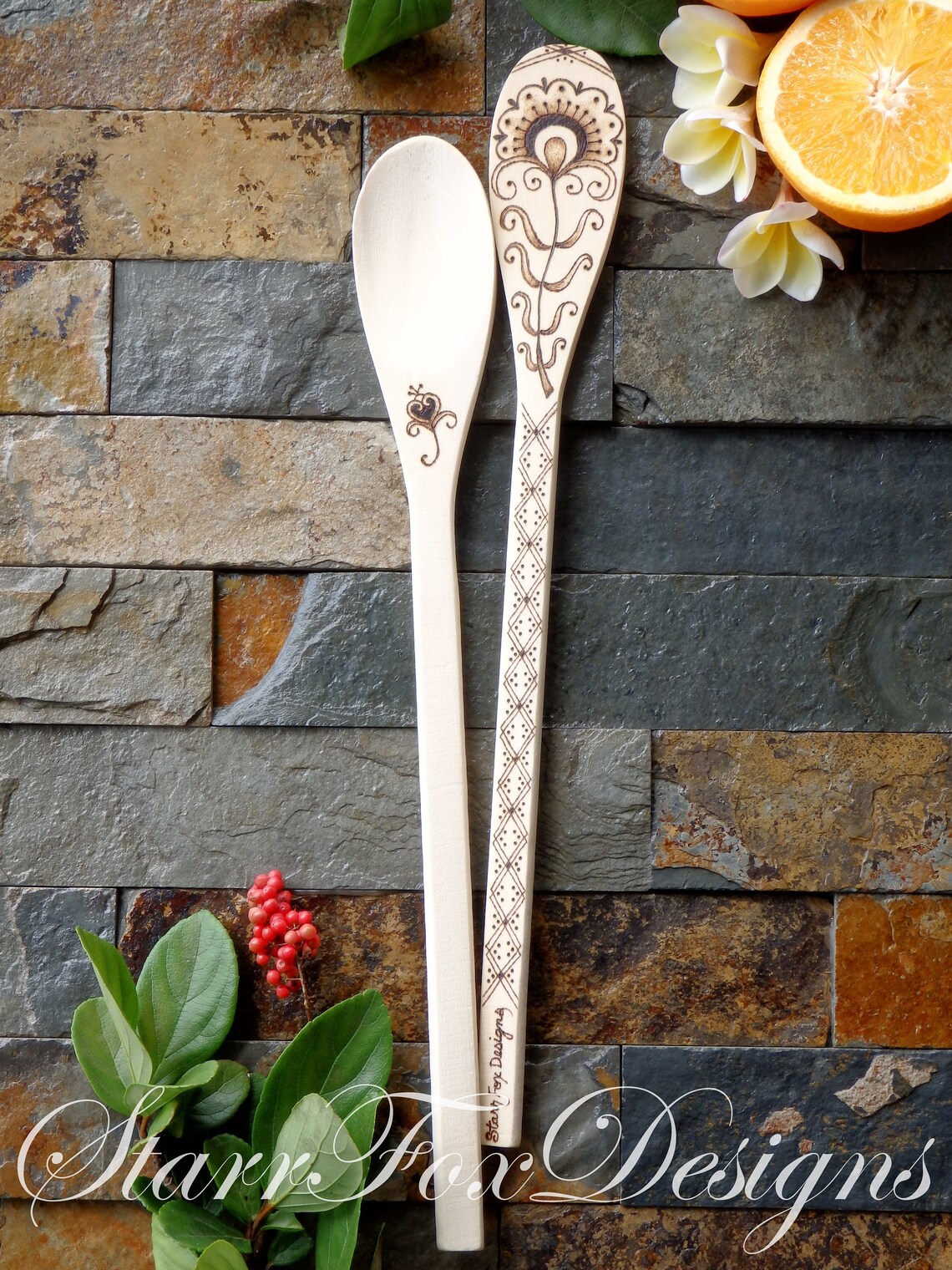 Folk Art Pyrography Decorated Long Wooden Spoons Floral Kitchen Cooking ...