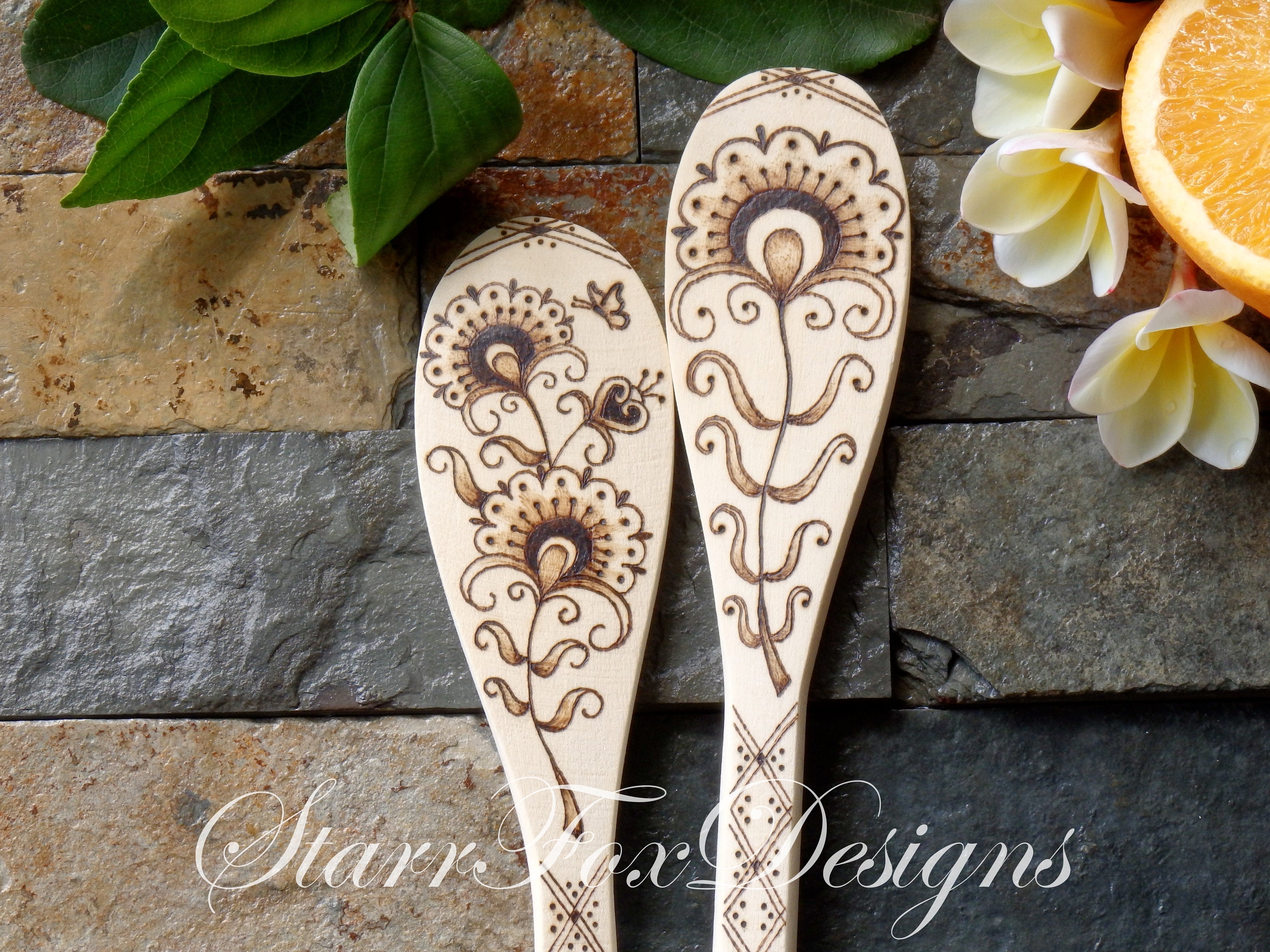 Folk Art Pyrography Decorated Long Wooden Spoons Floral Kitchen Cooking ...