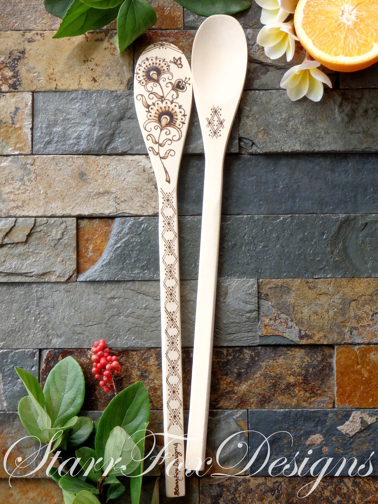 Folk Art Pyrography Decorated Long Wooden Spoons Floral Kitchen Cooking ...