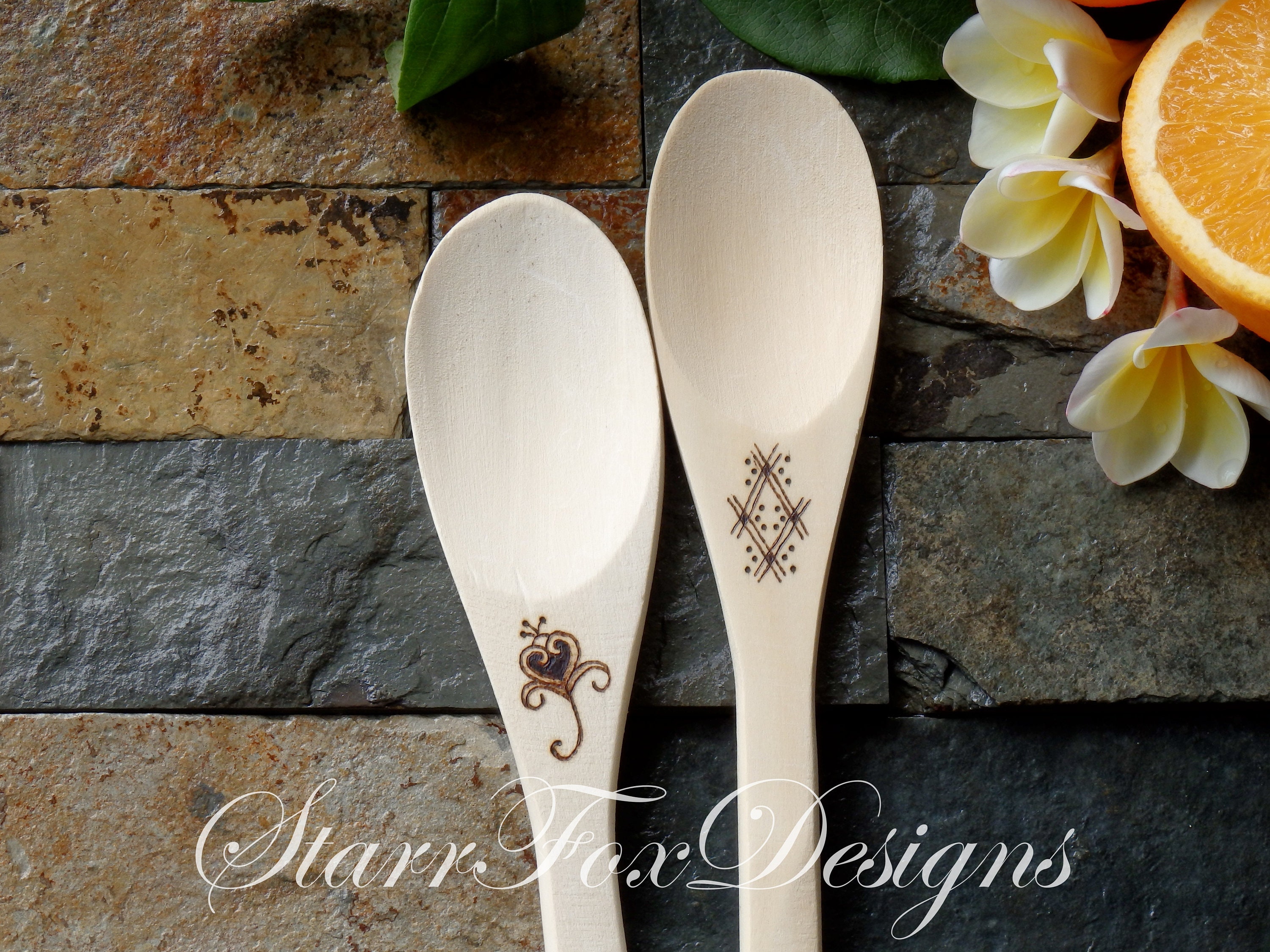 Folk Art Pyrography Decorated Long Wooden Spoons Floral Kitchen Cooking ...