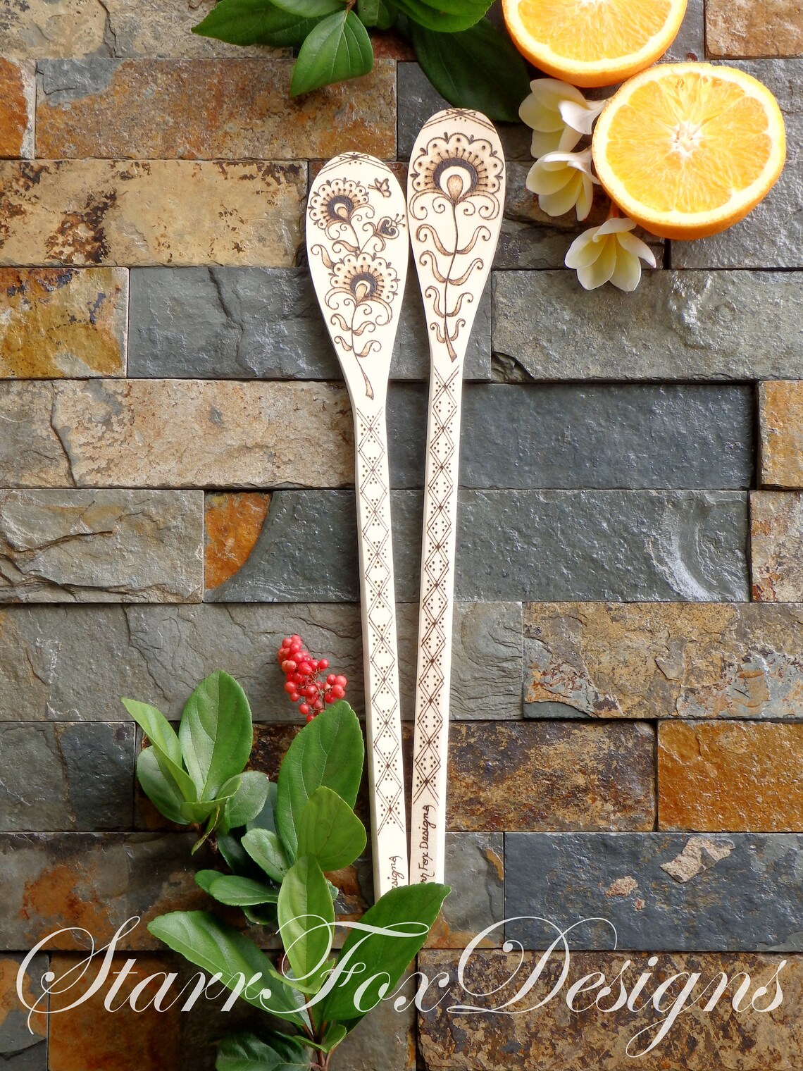 Folk Art Pyrography Decorated Long Wooden Spoons Floral Kitchen Cooking ...