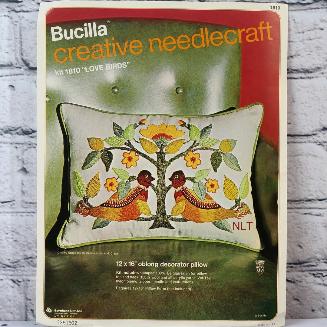 LOVE BIRDS Vintage Crewel Embroidery Kit Jacobean Tree Oblong Pillow ...
