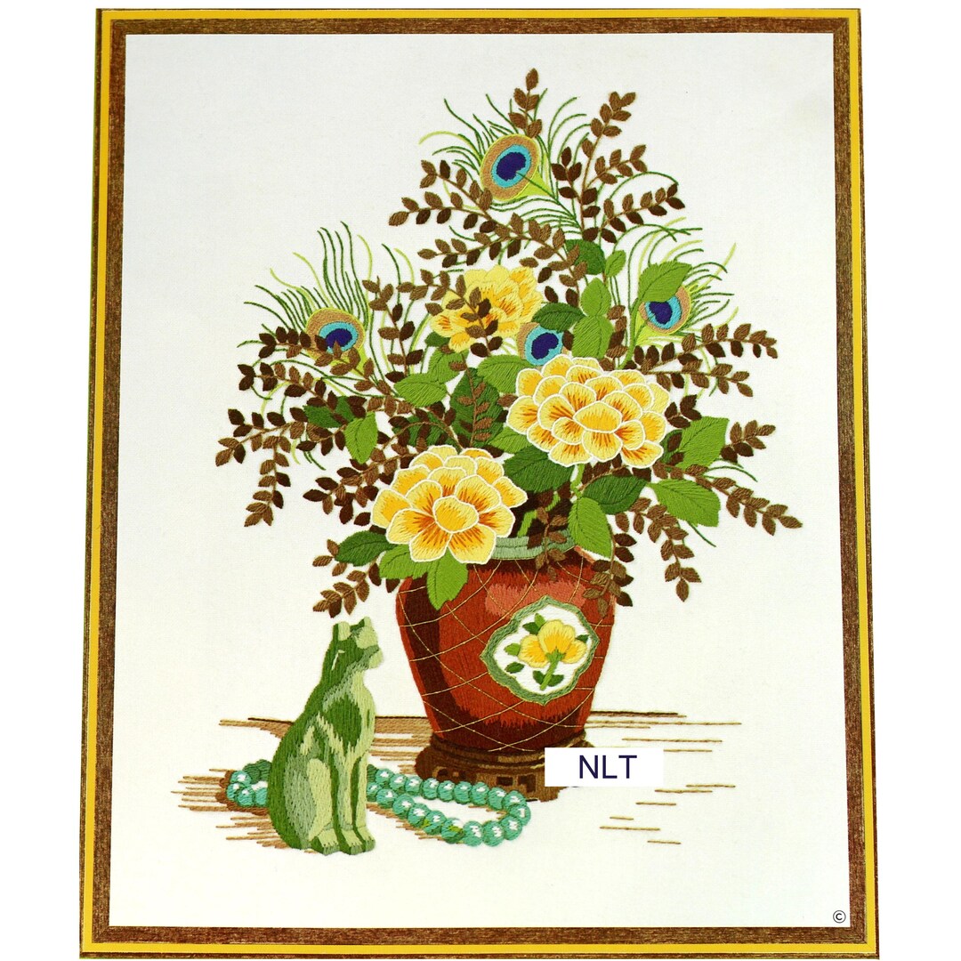 Vintage Crewel Embroidery Kit Oriental Cat Jade Beads Peacock Feathers ...