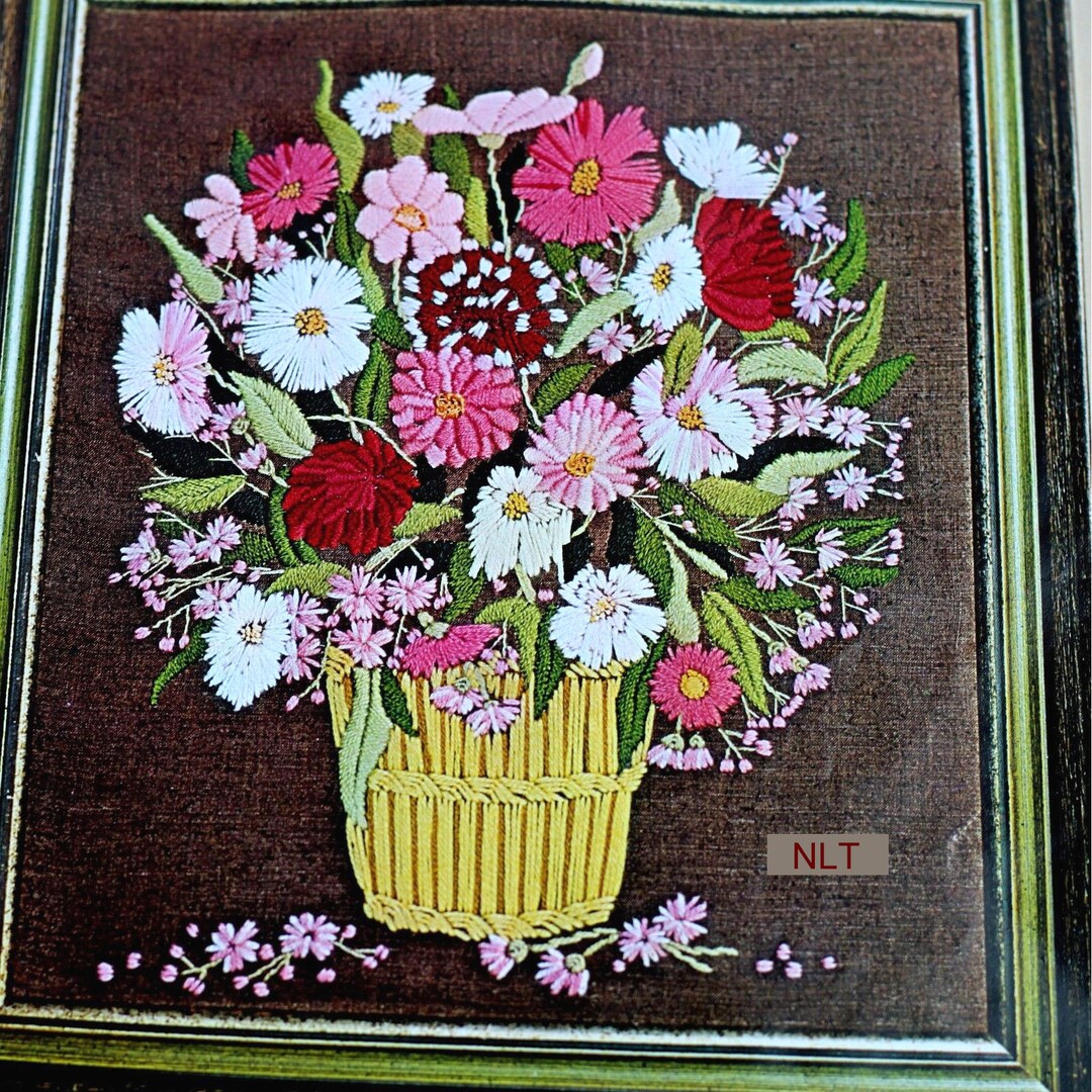 GARDEN BASKET Vintage Crewel Embroidery Kit Mid Century Boho Cottage ...