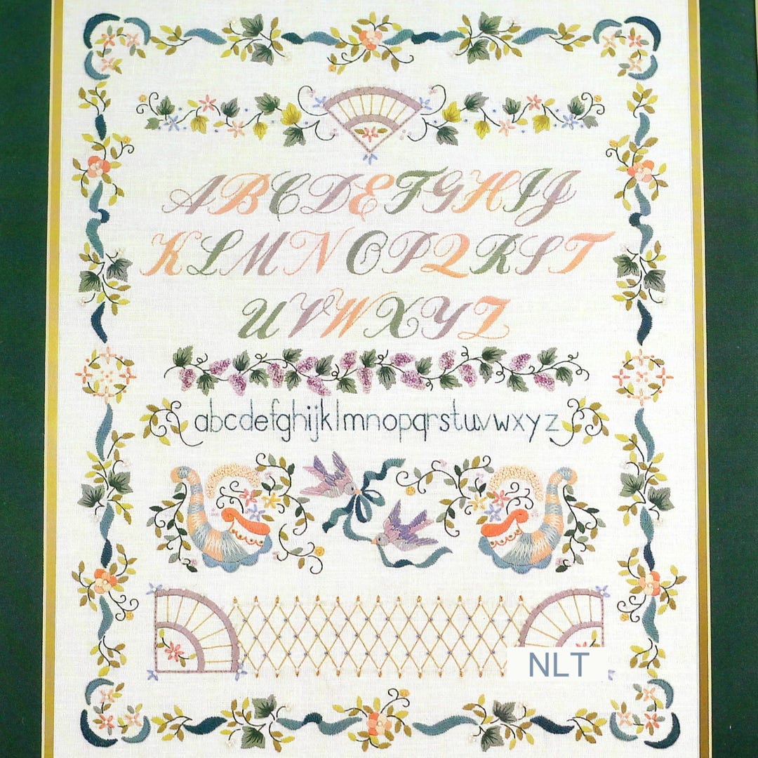 VICTORIANA SAMPLER Crewel Embroidery Kit Birds Fans Cornucopias Cottage ...