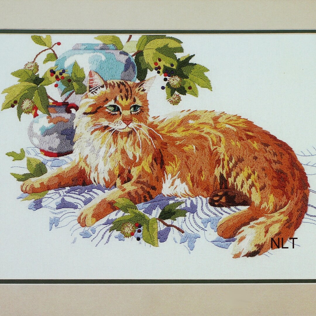 THE PRINCESS Vintage Crewel Embroidery Kit Cat Kitty Animal Picture ...