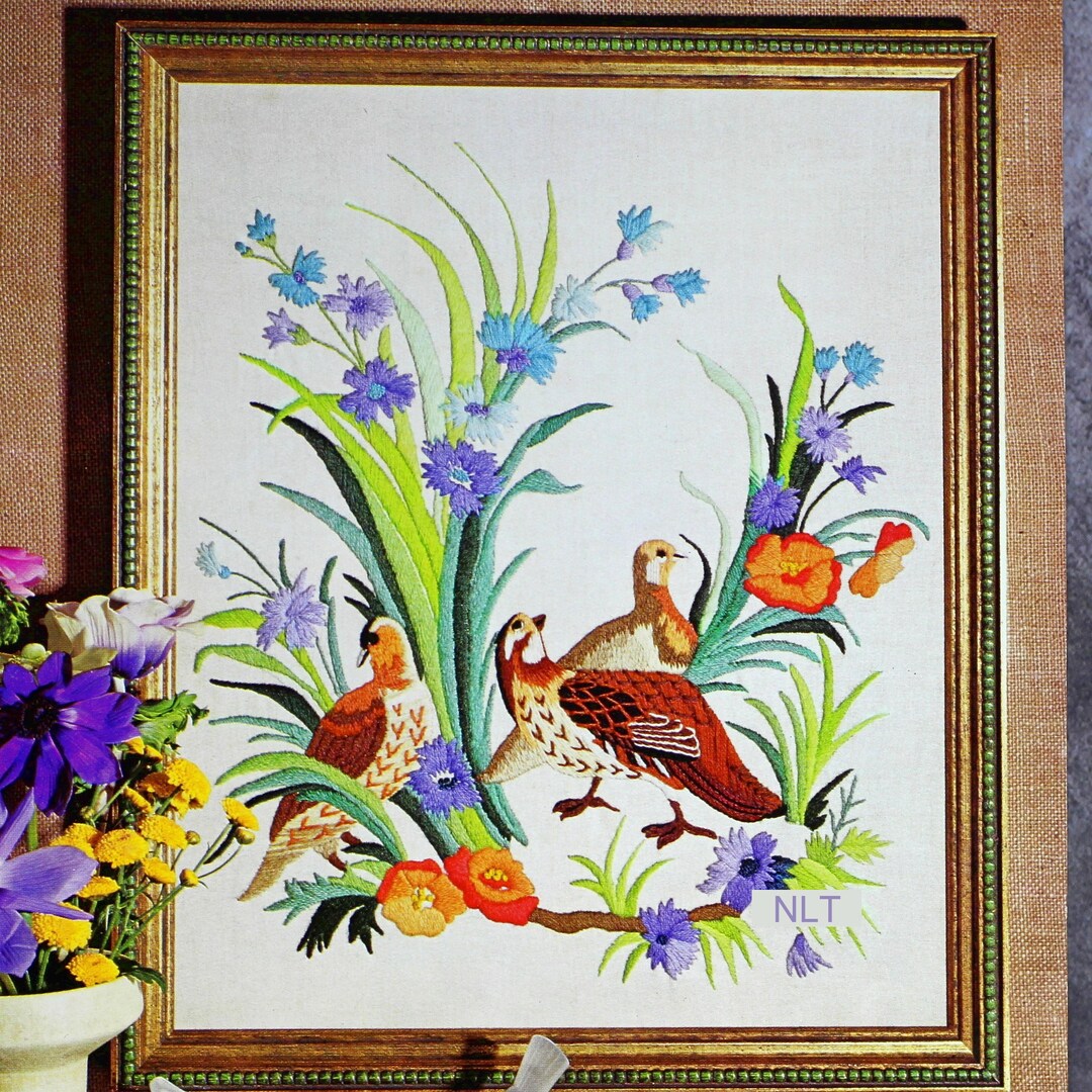 QUAIL PICTURE Vintage Crewel Embroidery Kit Erica Wilson Cottage Core ...