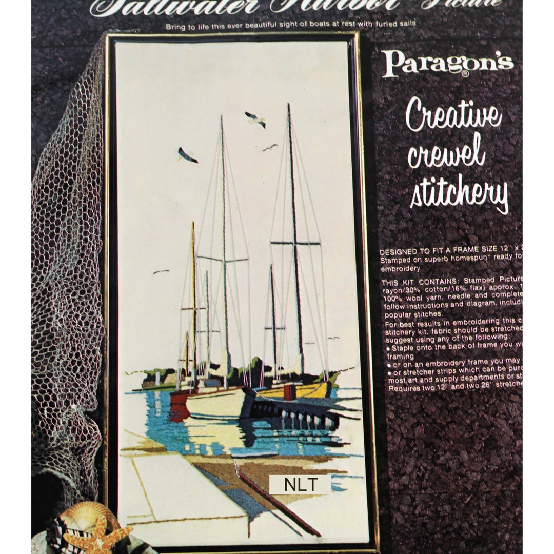 SALTWATER HARBOR Vintage Crewel Embroidery Kit Sailboats Nautical ...