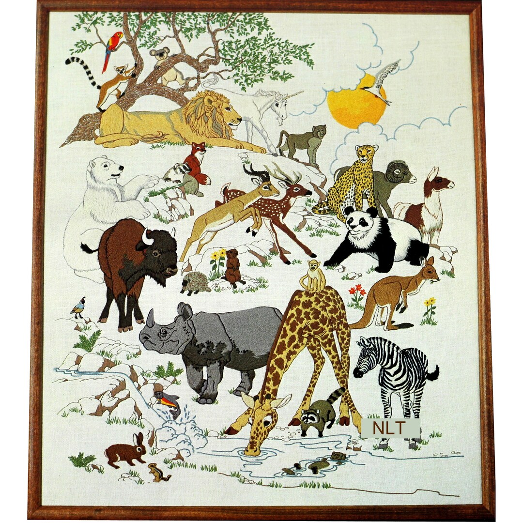Vintage Crewel Embroidery Kit Peaceable Animal Kingdom Lion Unicorn ...