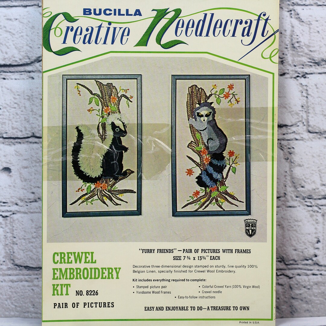 Vintage Crewel Embroidery Kit Woodland Scene Animals Skunk Raccoon ...